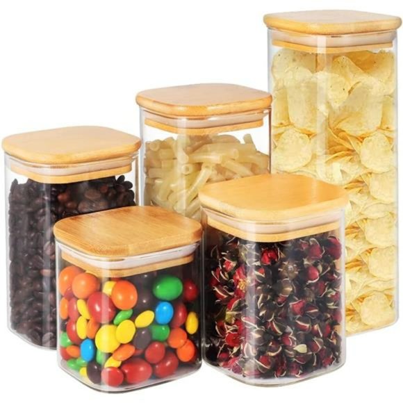 Kitchen | Square Glass Storage Jars With Airtight Bamboo Lids Set Of 5 ...